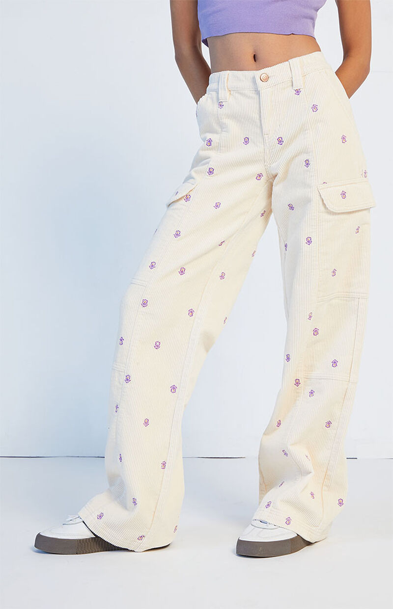 Pacsun Off White Embroidered Corduroy Low Rise Puddle Pants | PacSun