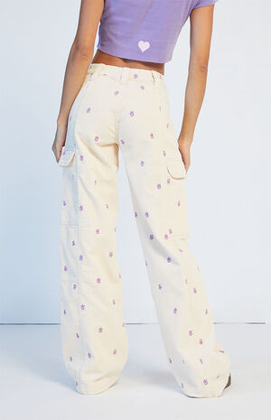 Pacsun Off White Embroidered Corduroy Low Rise Puddle Pants | PacSun