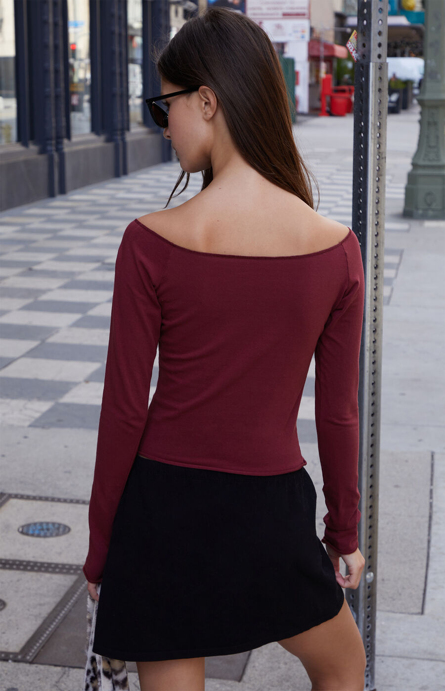 John Galt Burgundy Mayson Off-The-Shoulder Long Sleeve Top | PacSun