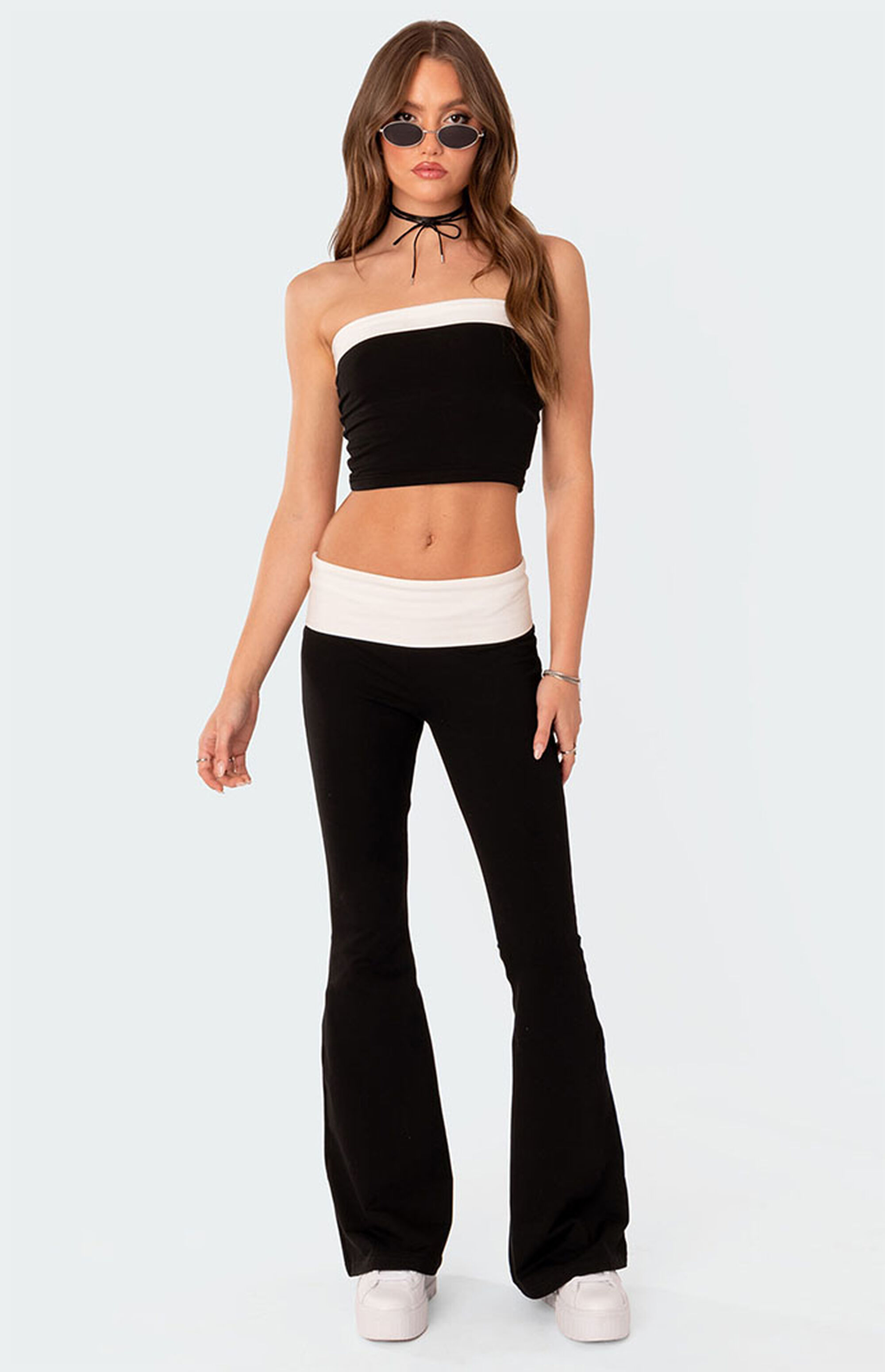 Edikted Contrast Fold Over Flared Leggings | Pacsun