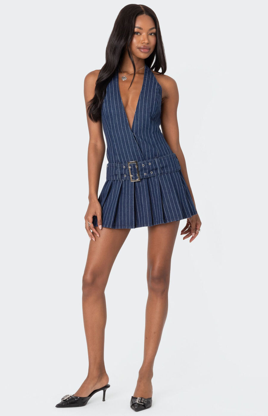 Edikted Belted Pinstripe Denim Mini Dress | Pacsun