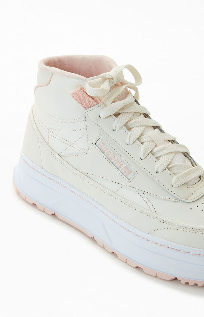 Reebok Women's White & Pink Club C Geo Mid Sneakers | Pacsun