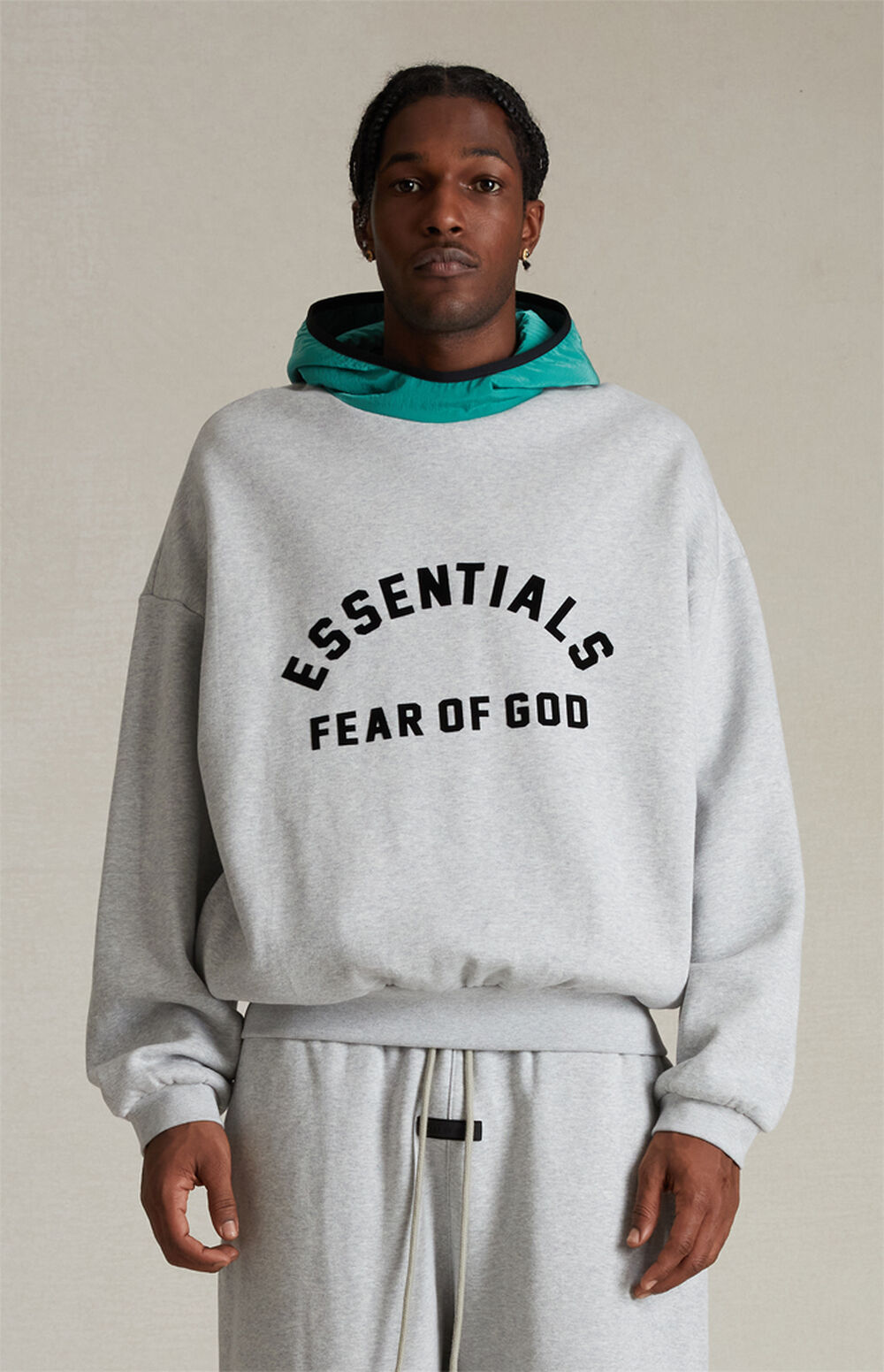 Fear of God Essentials Light Heather Grey Mint Leaf Nylon Fleece Hoodie ...