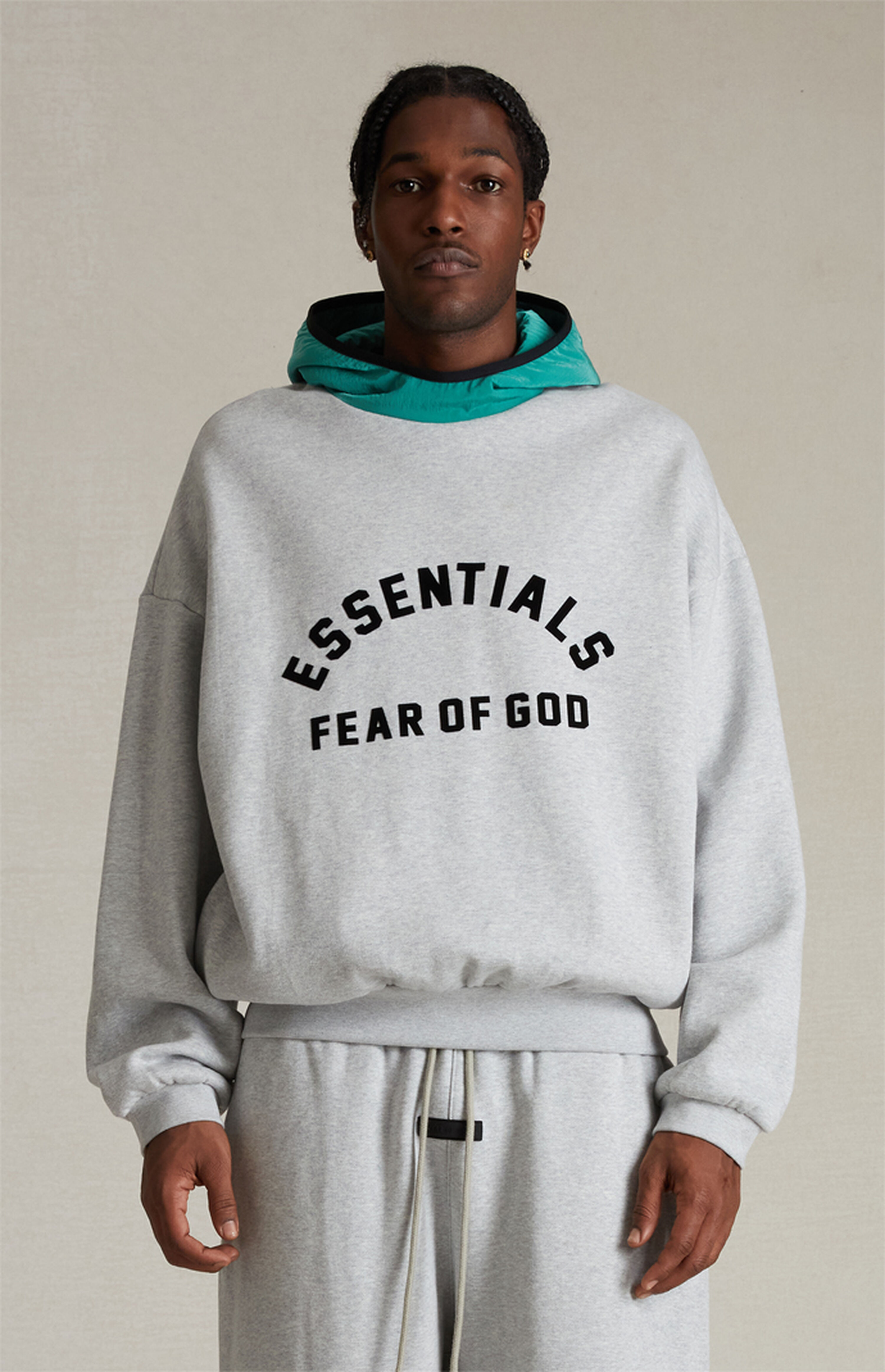 Fear of God Essentials Light Heather Grey Mint Leaf Nylon Fleece Hoodie | PacSun