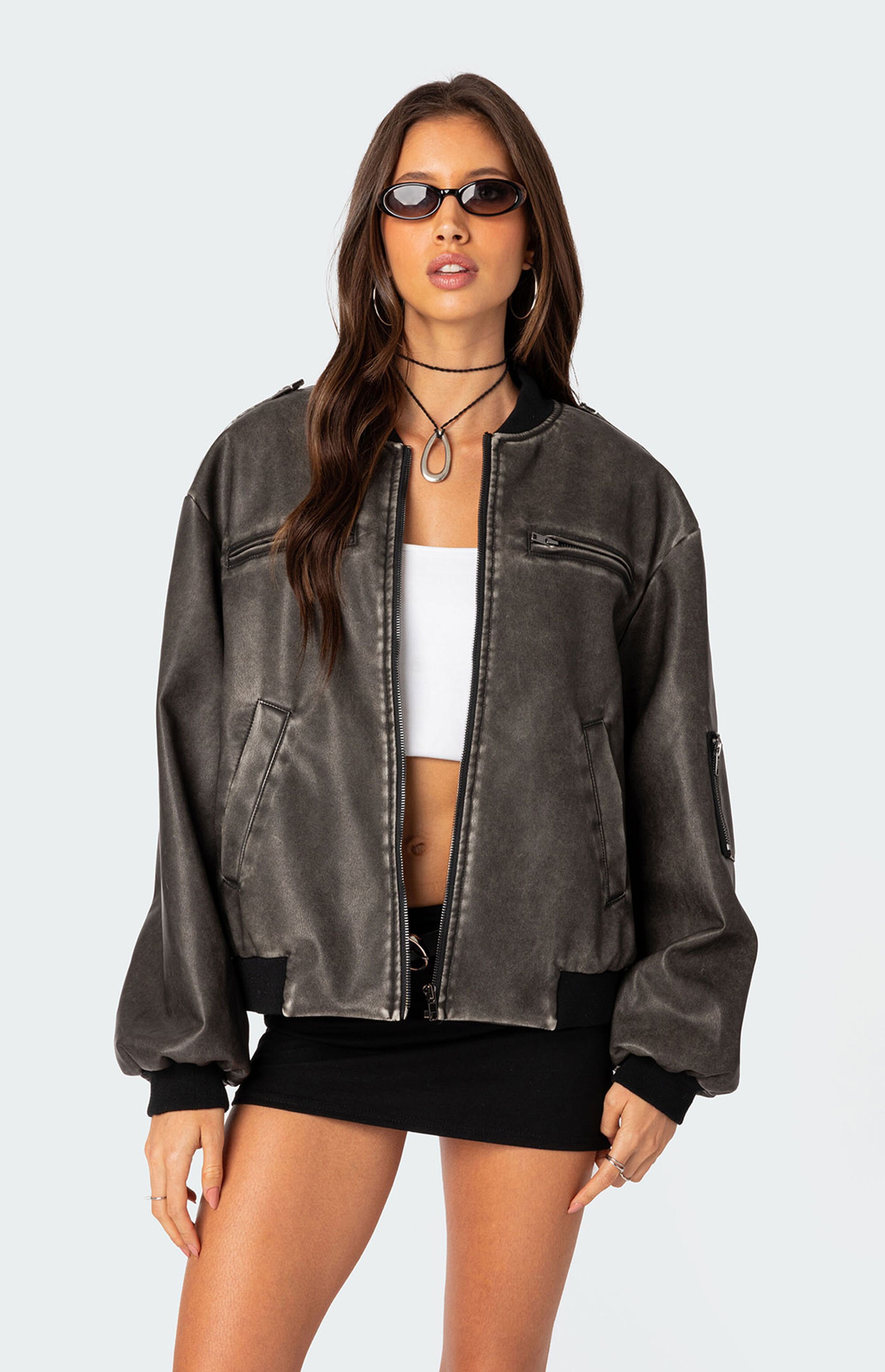 Edikted Vava Washed Faux Leather Bomber Jacket | PacSun