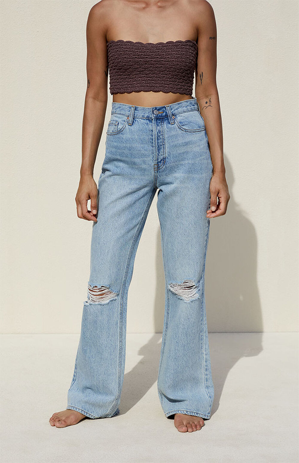 Pacsun Eco Light Blue Ripped High Waisted Bootcut Jeans | PacSun