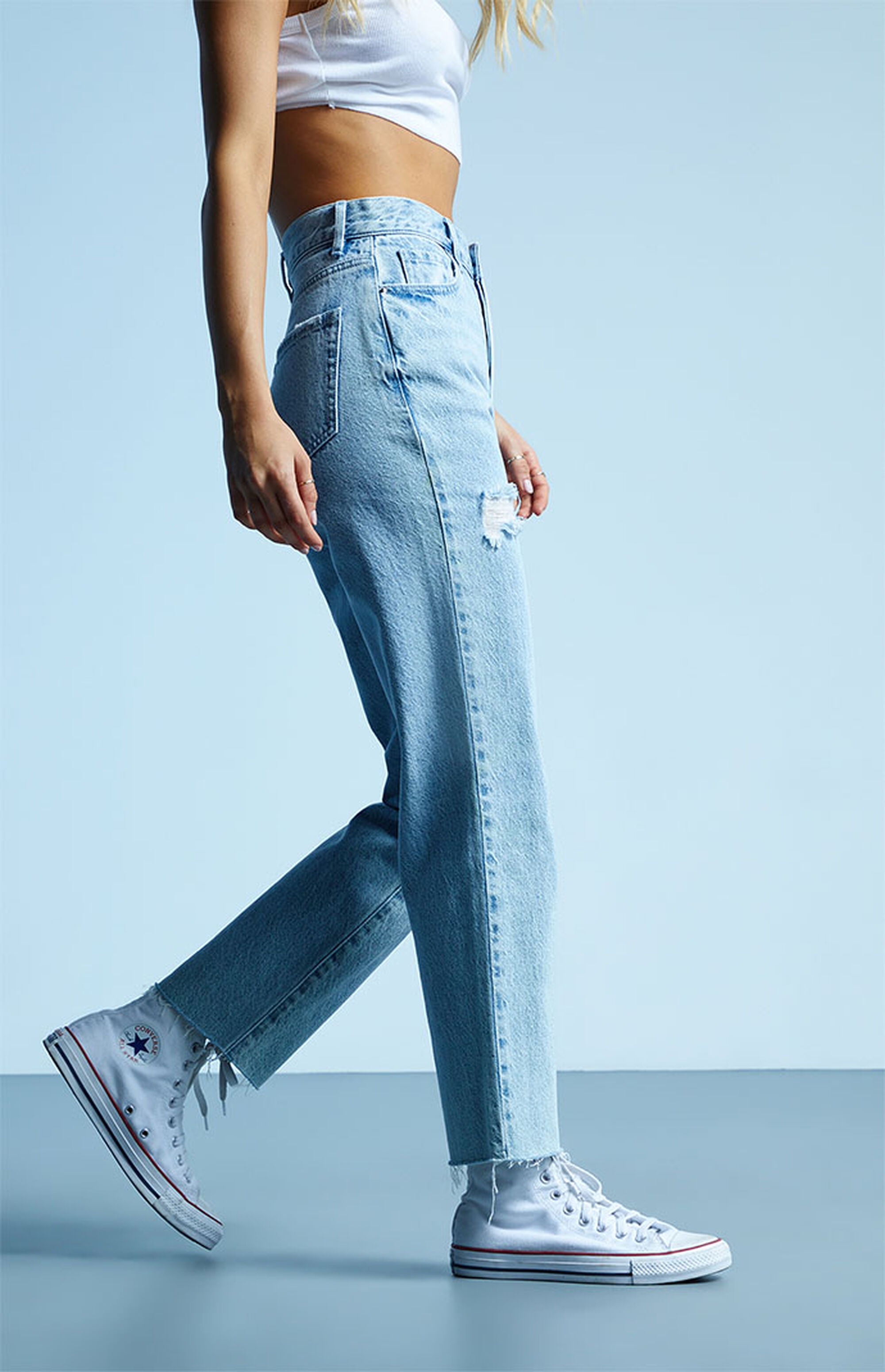 PacSun Eco Light Blue Ripped High Waisted Straight Leg Jeans | PacSun