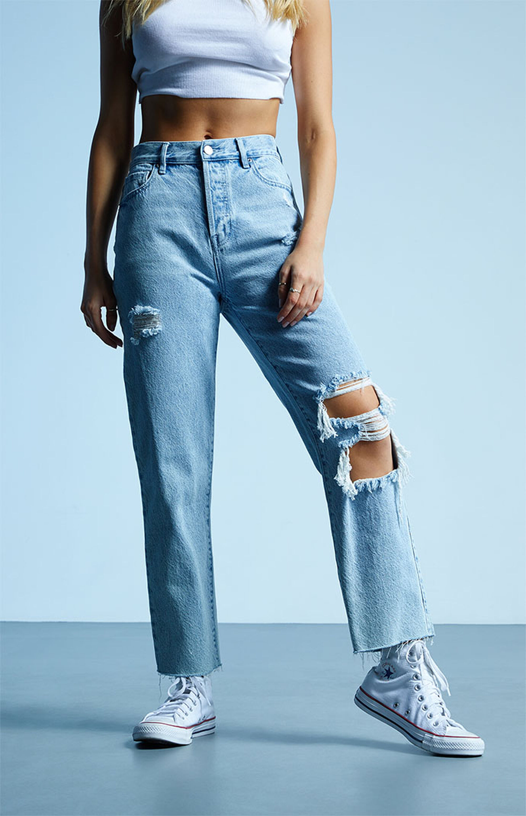 PacSun Eco Light Blue Ripped High Waisted Straight Leg Jeans | PacSun