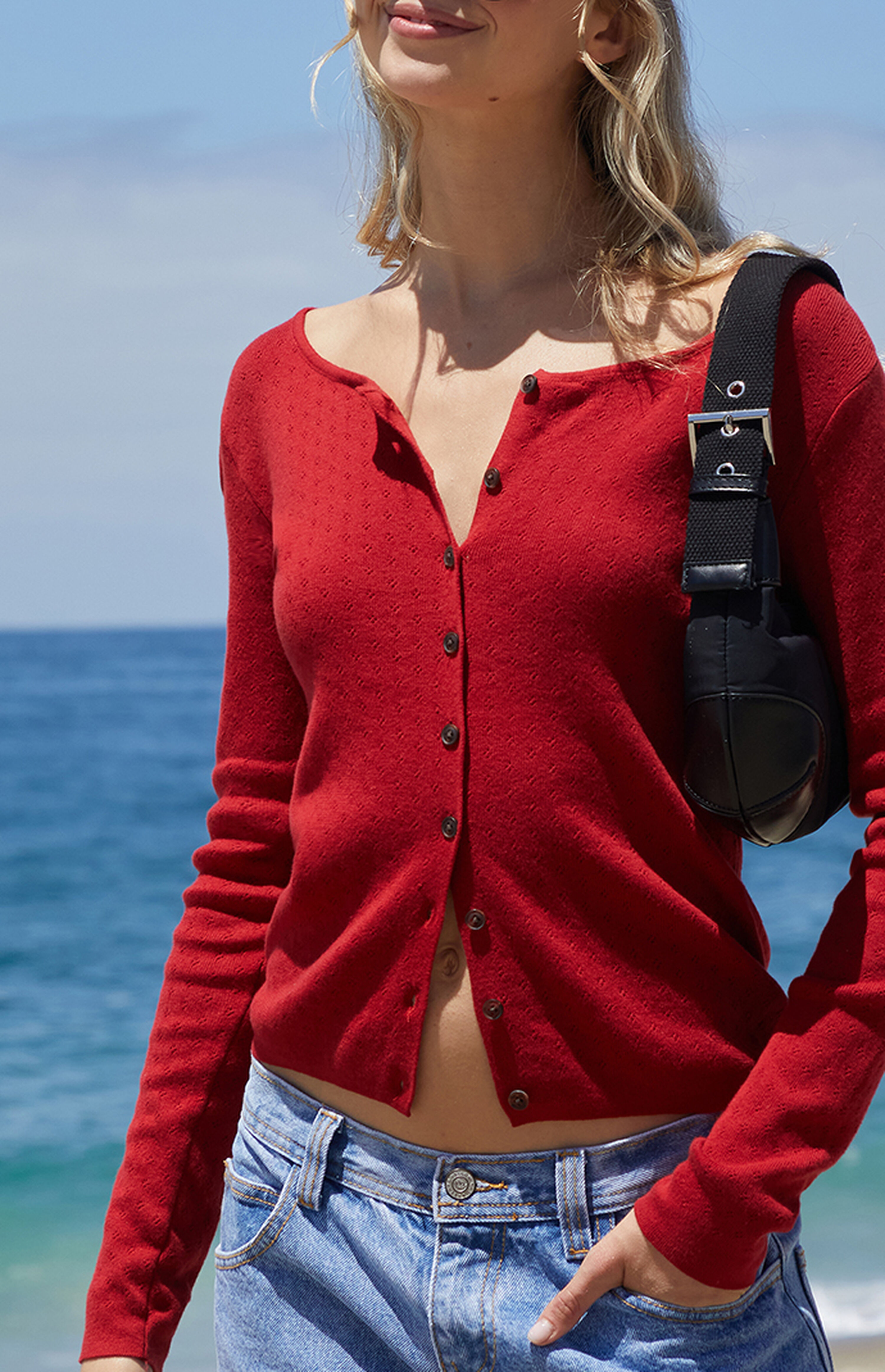 John Galt Red Athelia Pointelle Cardigan | Pacsun