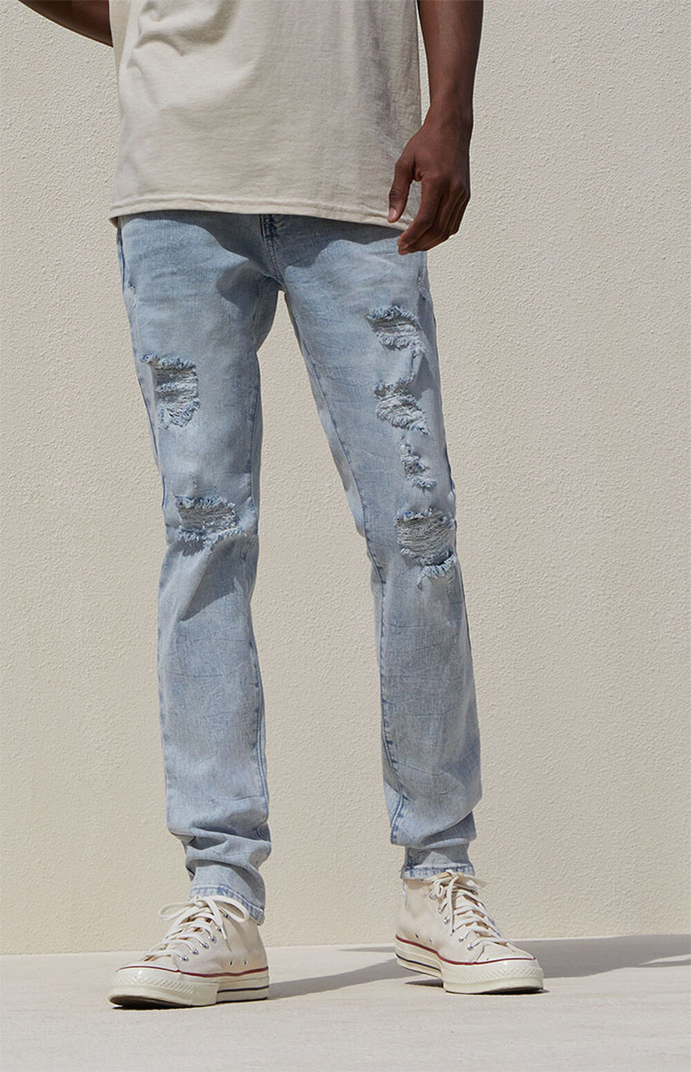 Pacsun Recycled Light Destroyed Stacked Skinny Comfort Stretch Jeans ...