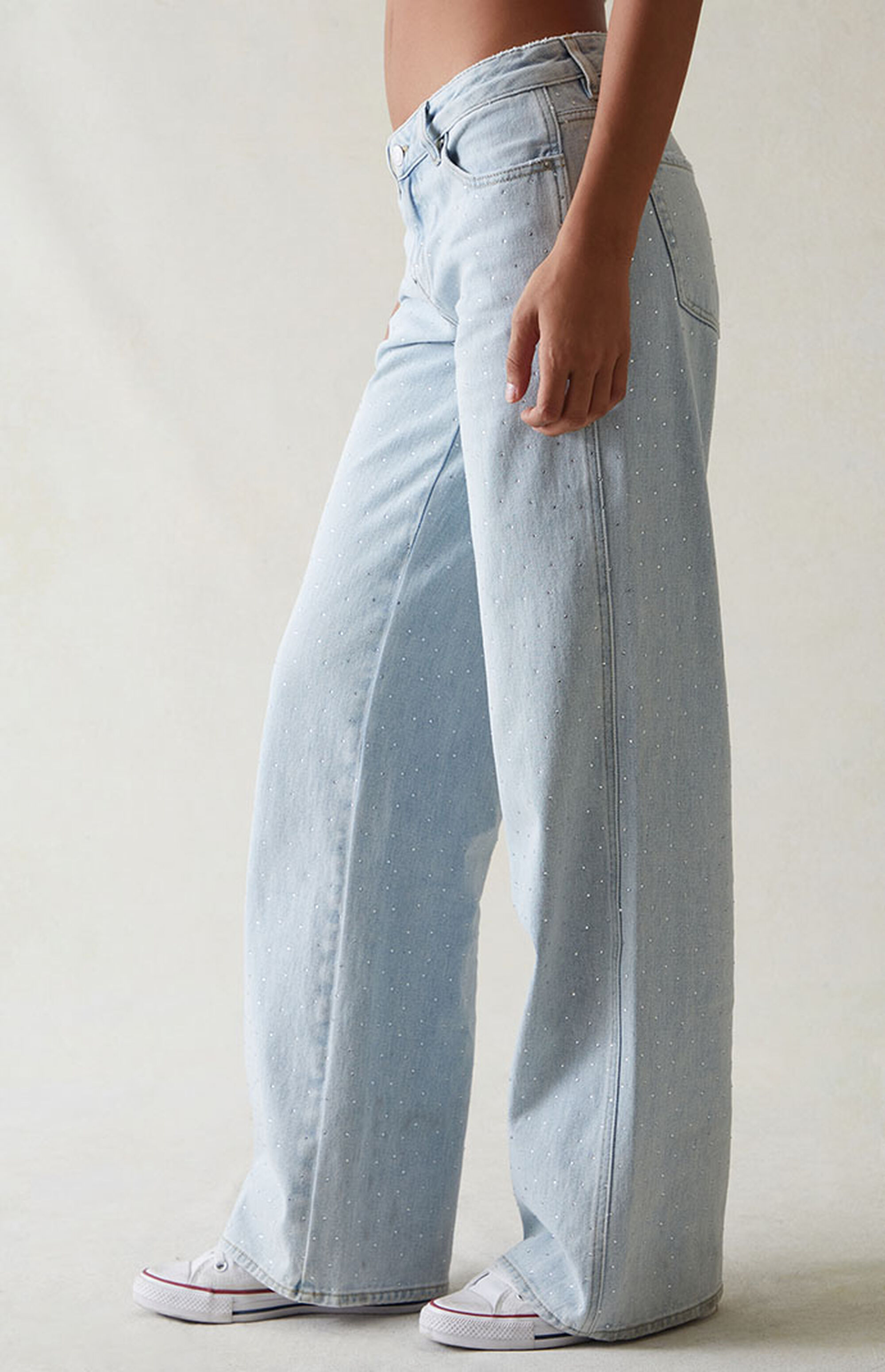 Pacsun Light Indigo Rhinestone Low Rise Baggy Jeans | PacSun