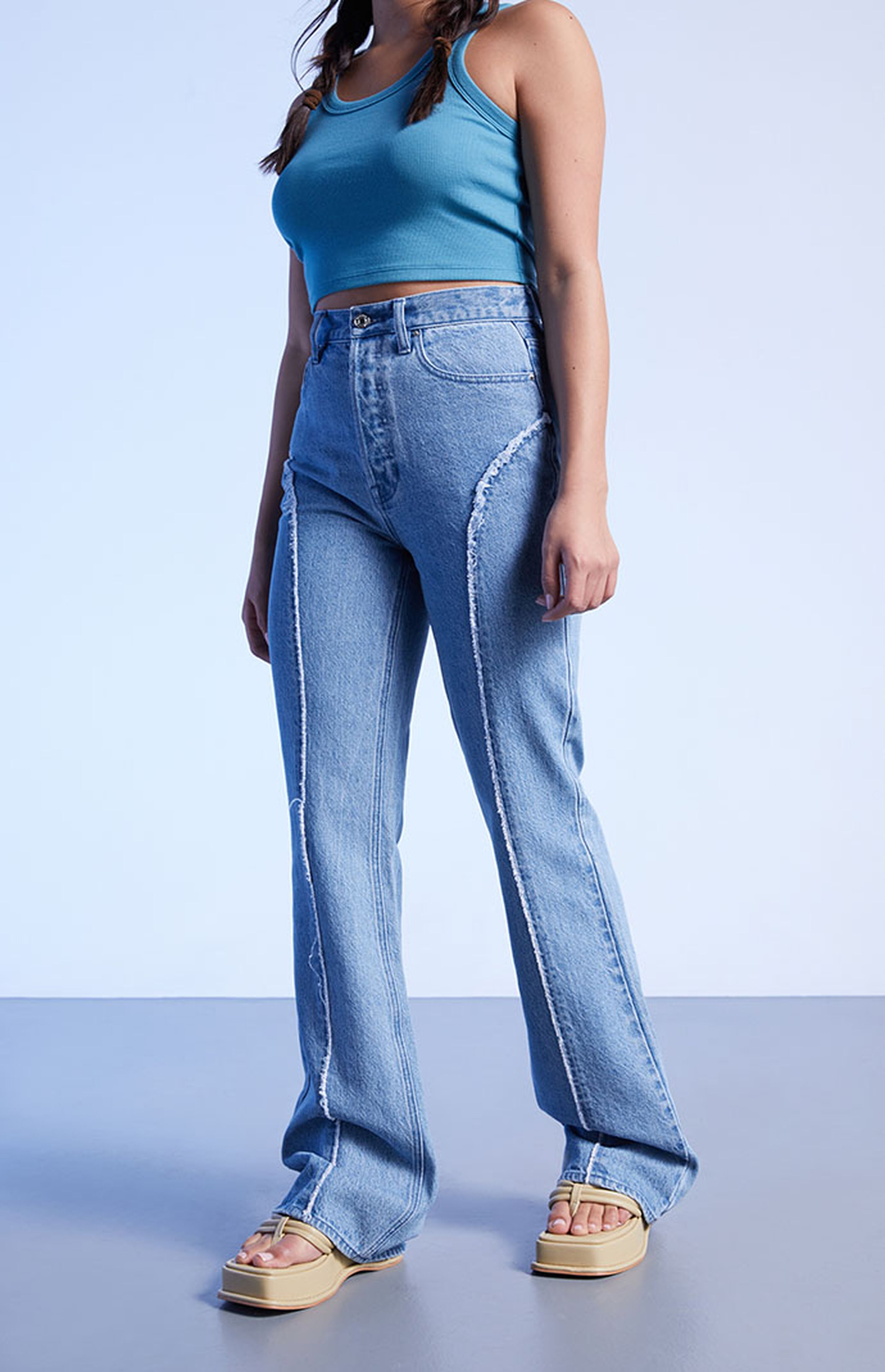 Pacsun Eco Medium Blue Frayed High Waisted Bootcut Jeans | PacSun