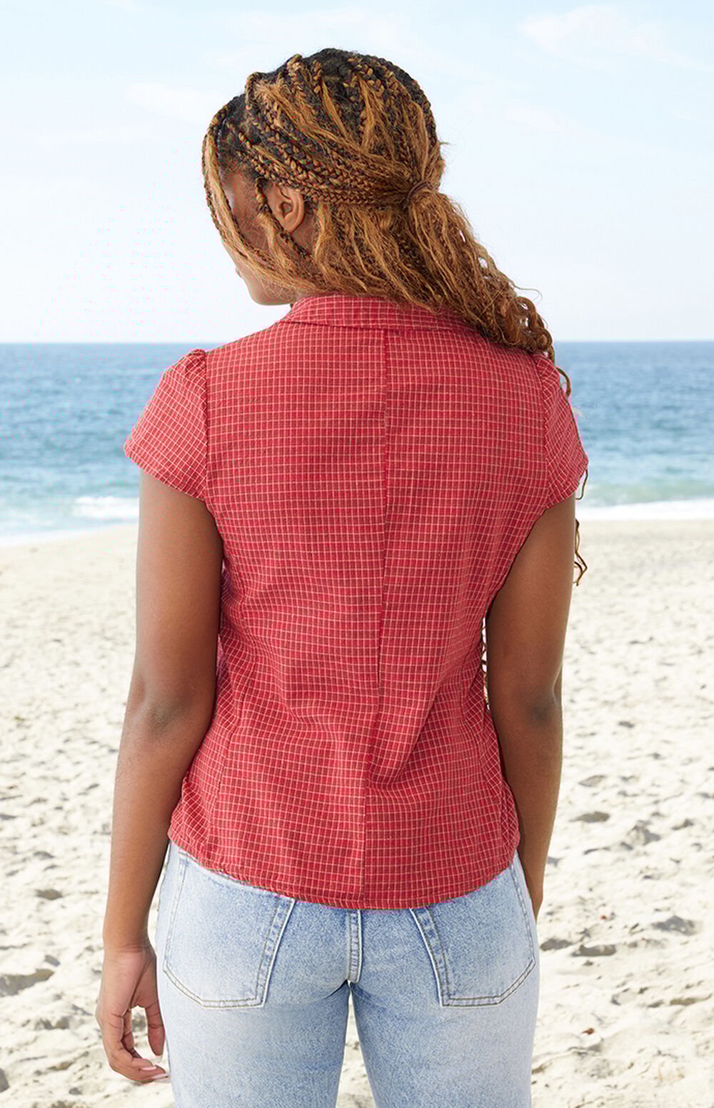 John Galt Red Rue Plaid Collared Top | PacSun
