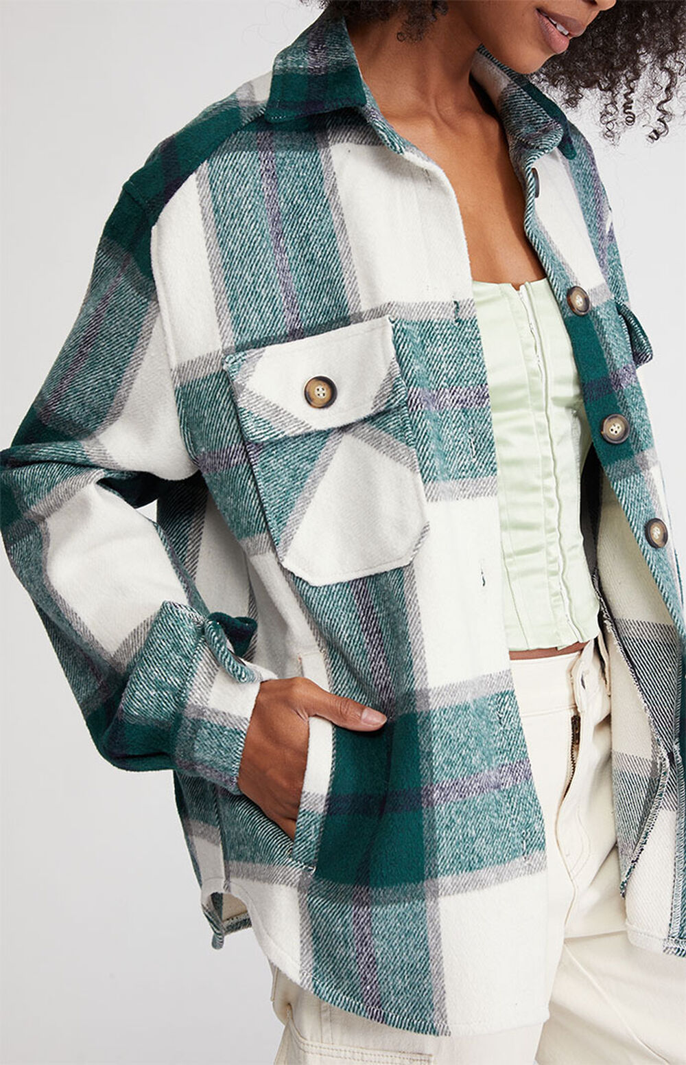 LA Hearts Green Plaid Shacket | Pacsun