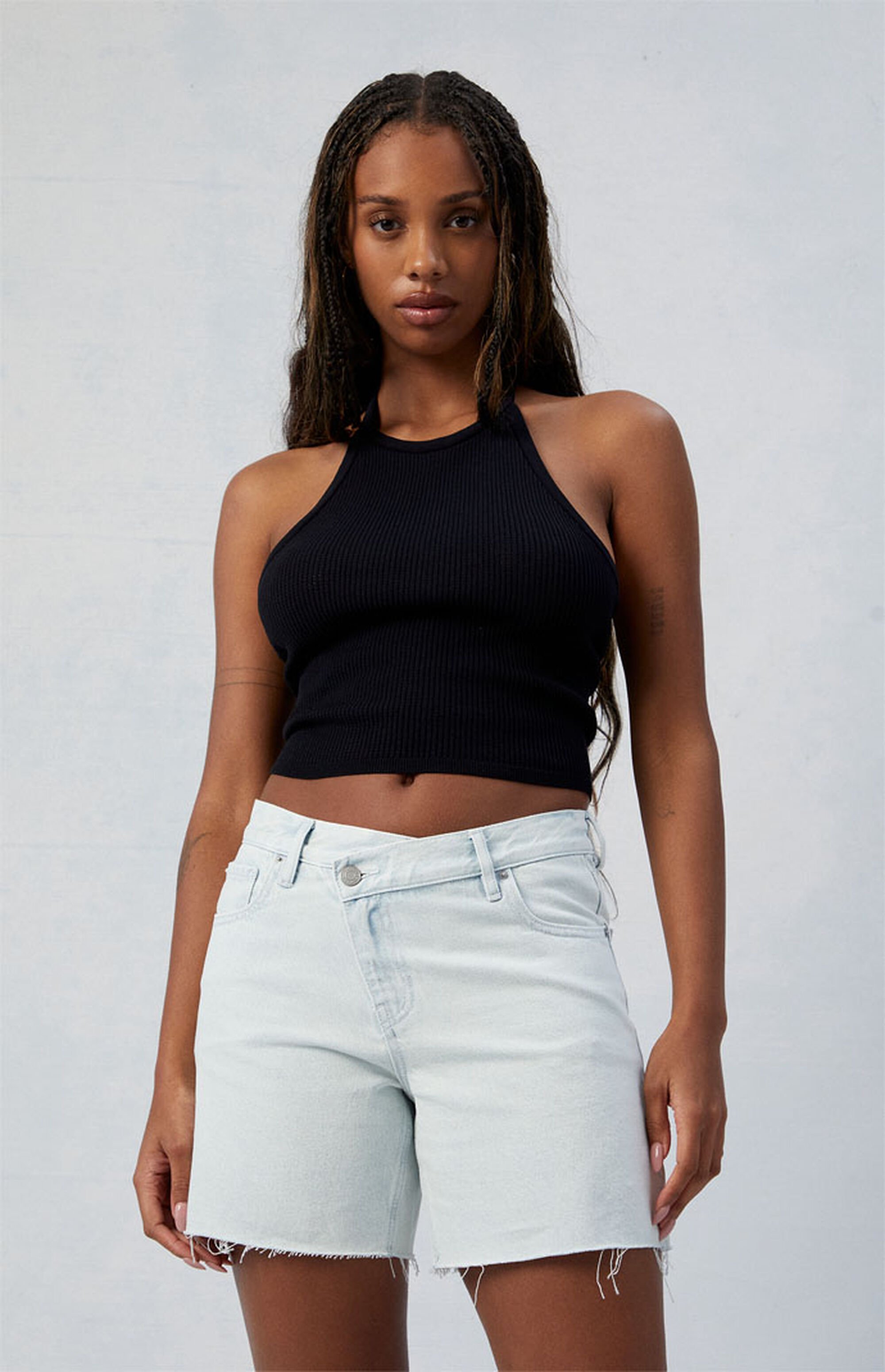 Pacsun Eco Light Indigo Asymmetrical High Waisted Relaxed Jorts | PacSun