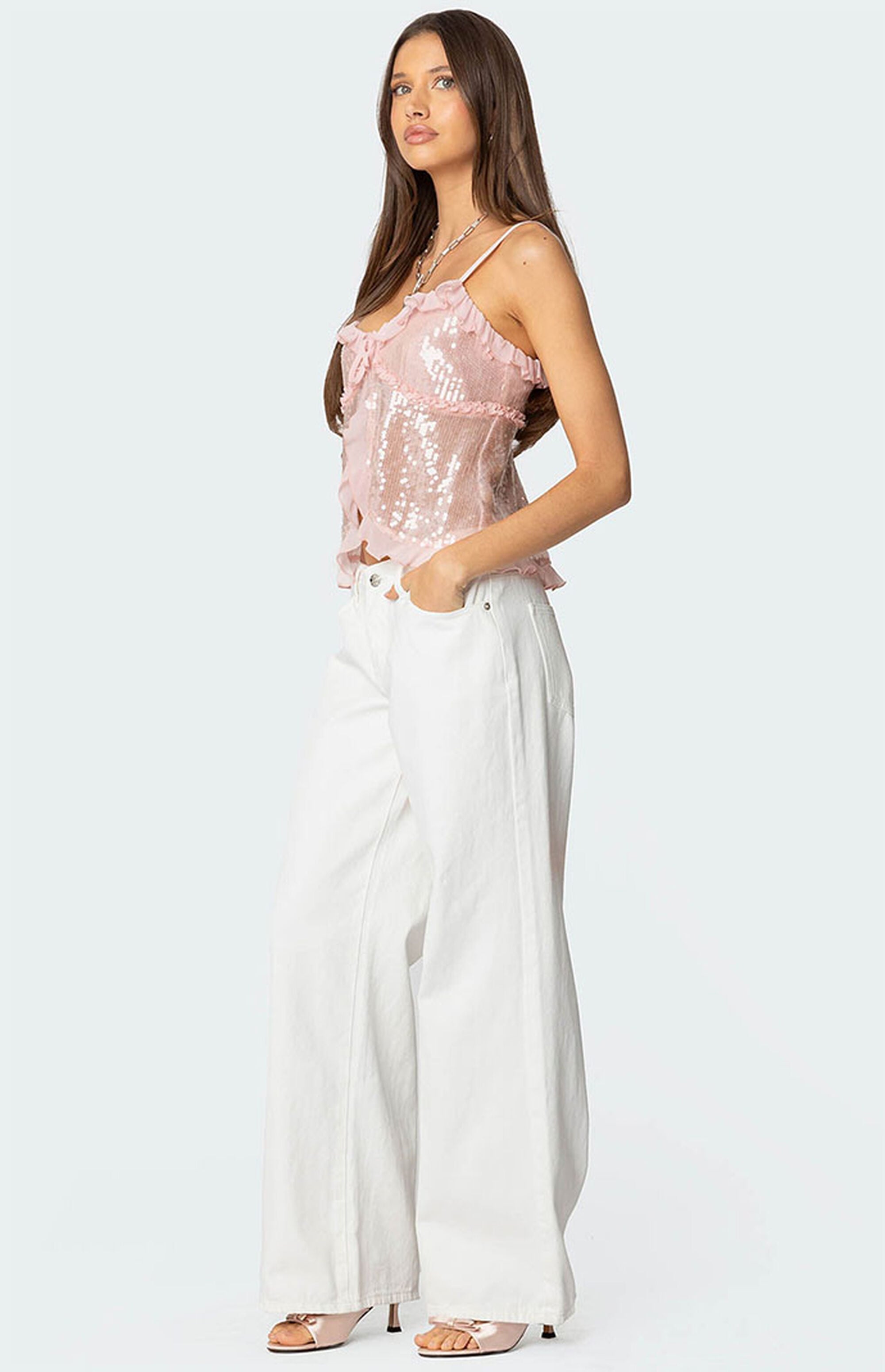 Edikted Sequin Ruffled Split Front Top | Pacsun