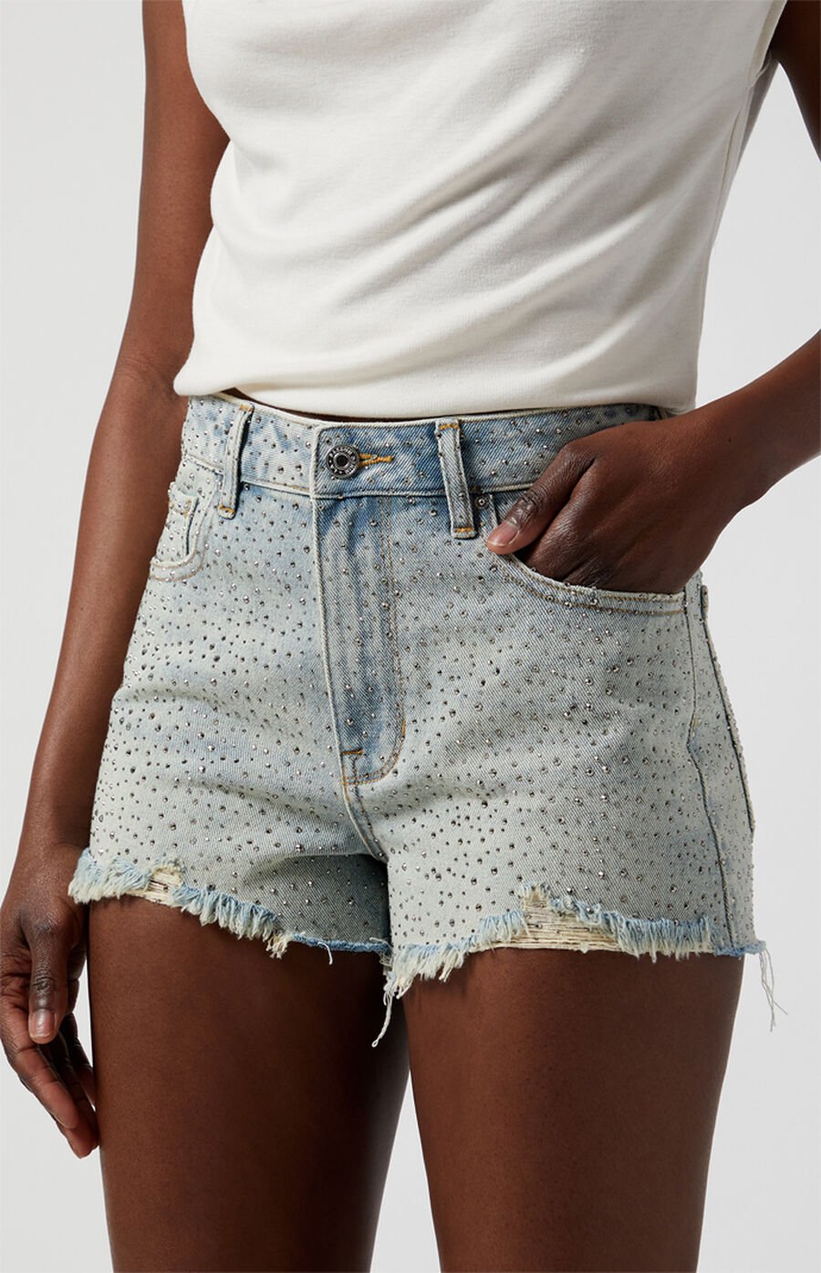 Pacsun Light Indigo Rhinestone High Waisted Denim Festival Shorts | PacSun
