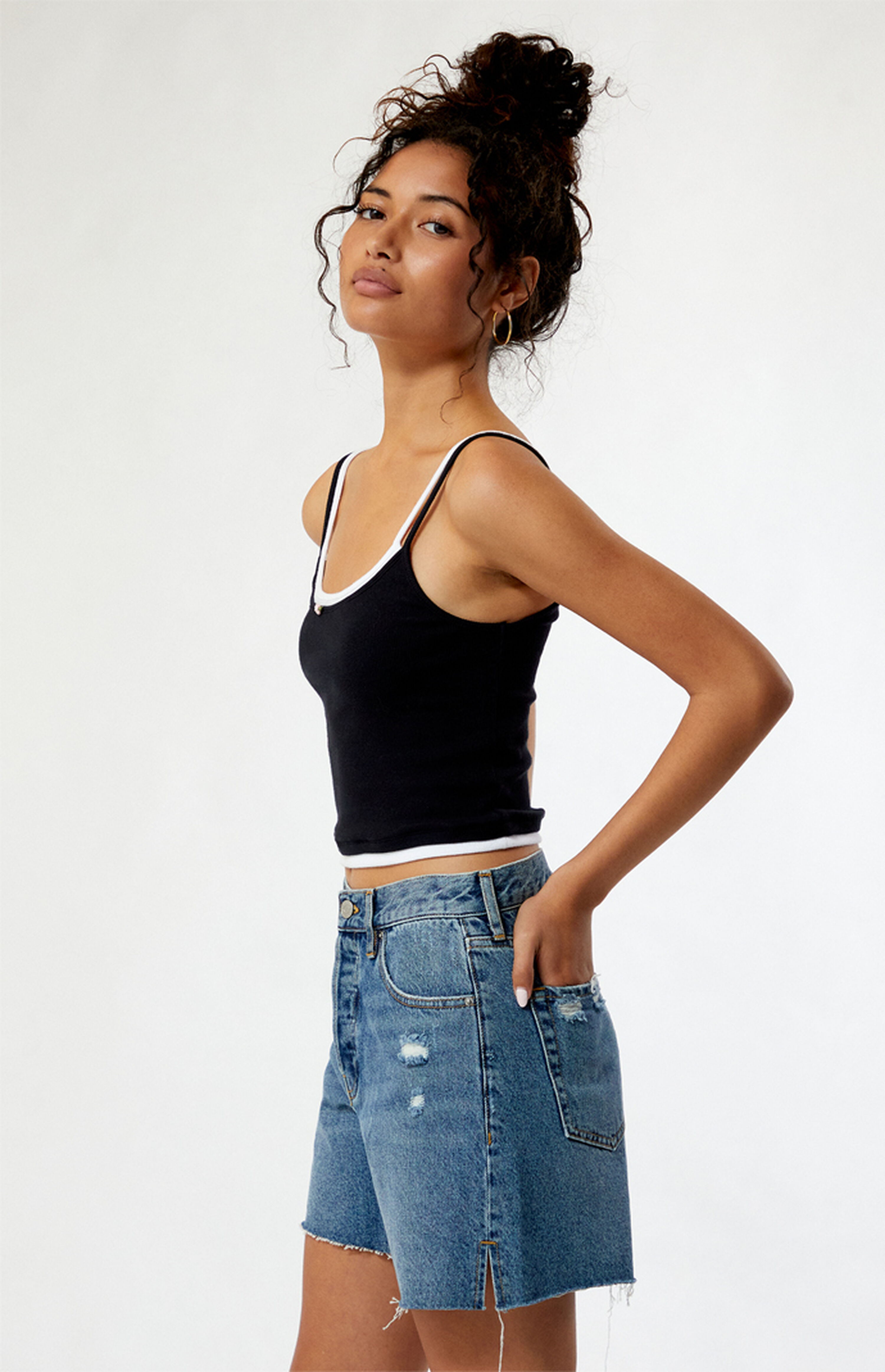 Pacsun Eco Dark Indigo Ripped High Waisted Relaxed Jorts | PacSun
