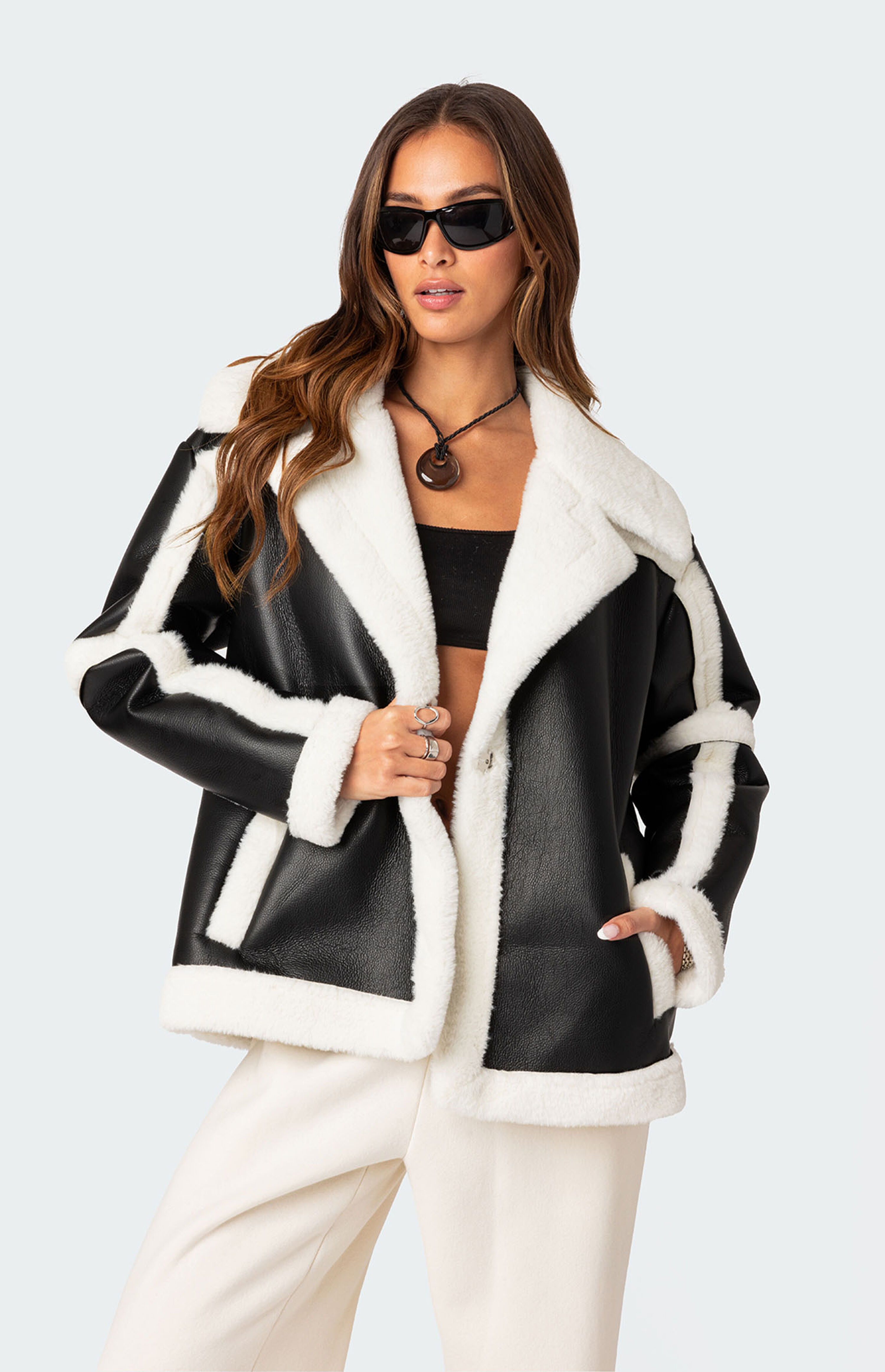 Edikted Rocki Oversized Faux Leather Shearling Jacket | PacSun