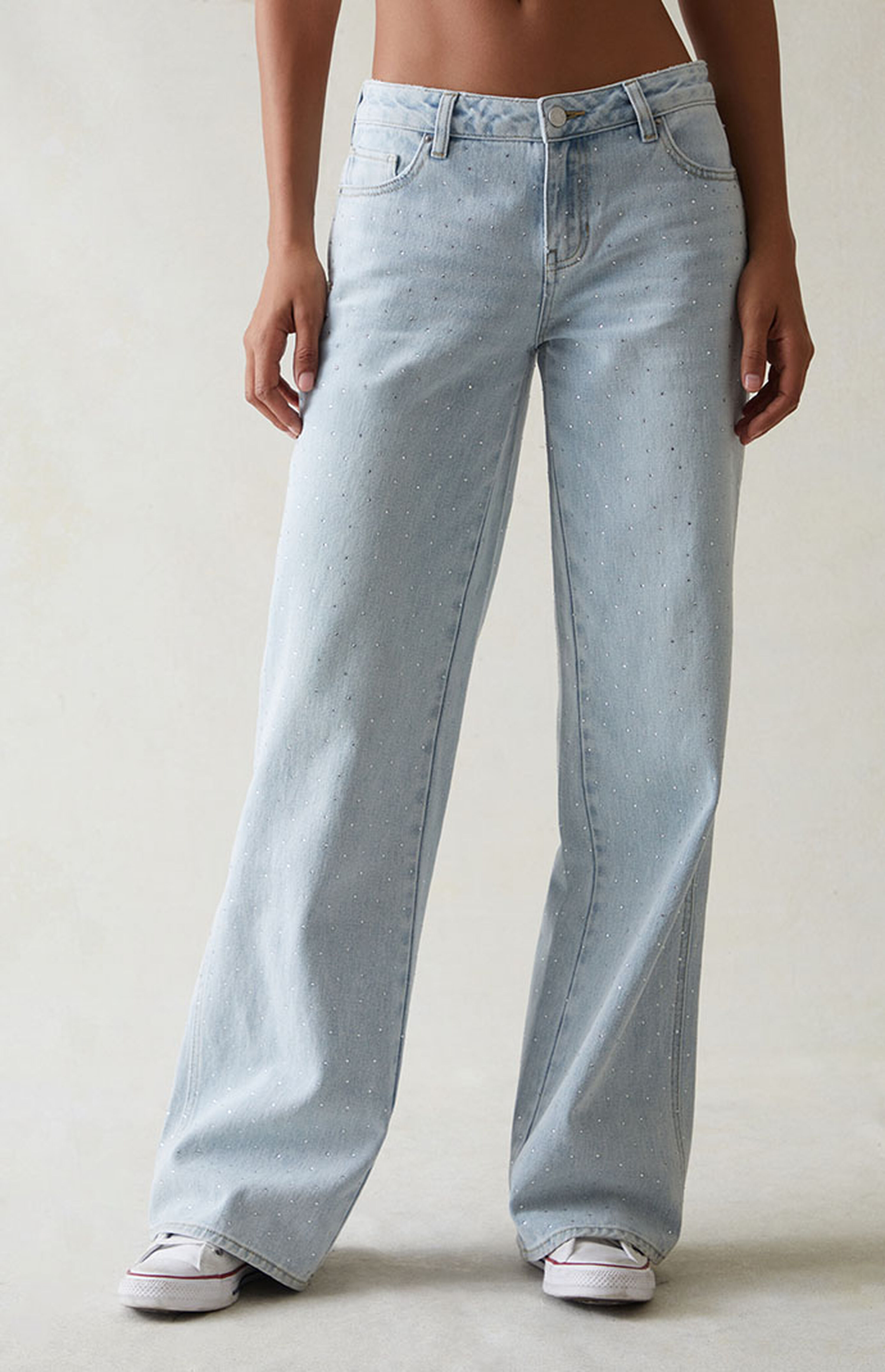 Pacsun Light Indigo Rhinestone Low Rise Baggy Jeans | PacSun