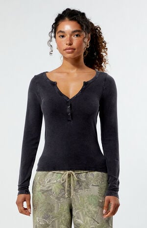 Est. PAC 1980 Ashlee Washed Notched Henley Long Sleeve Top | PacSun
