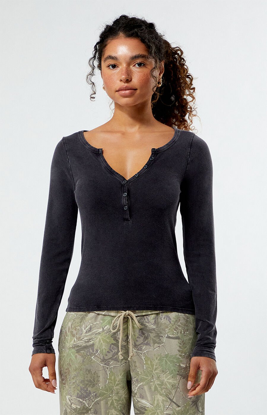 Est. PAC 1980 Ashlee Washed Notched Henley Long Sleeve Top | PacSun