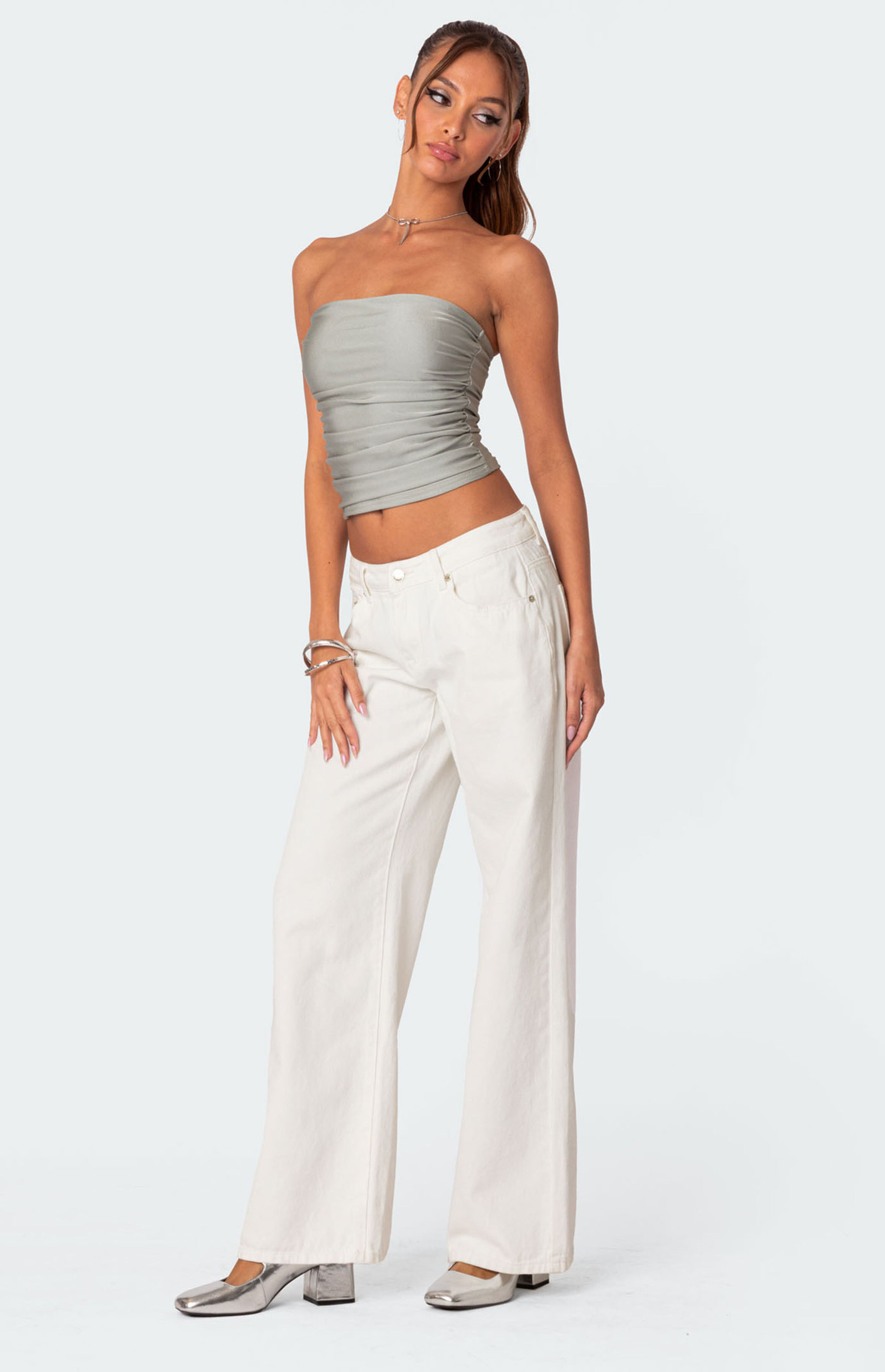 Edikted Maxeen Shiny Gathered Tube Top | Pacsun