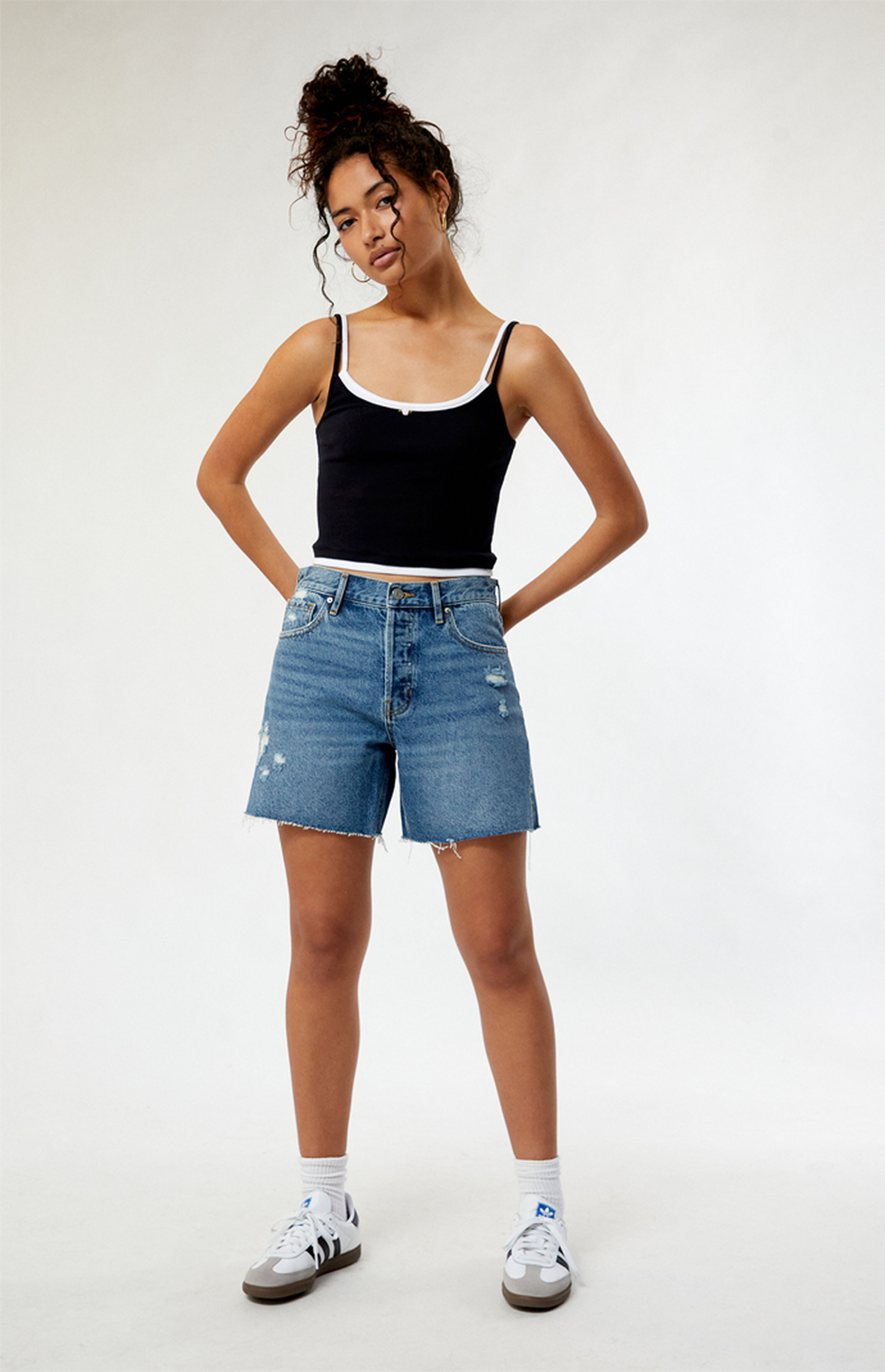 Pacsun Eco Dark Indigo Ripped High Waisted Relaxed Jorts | PacSun