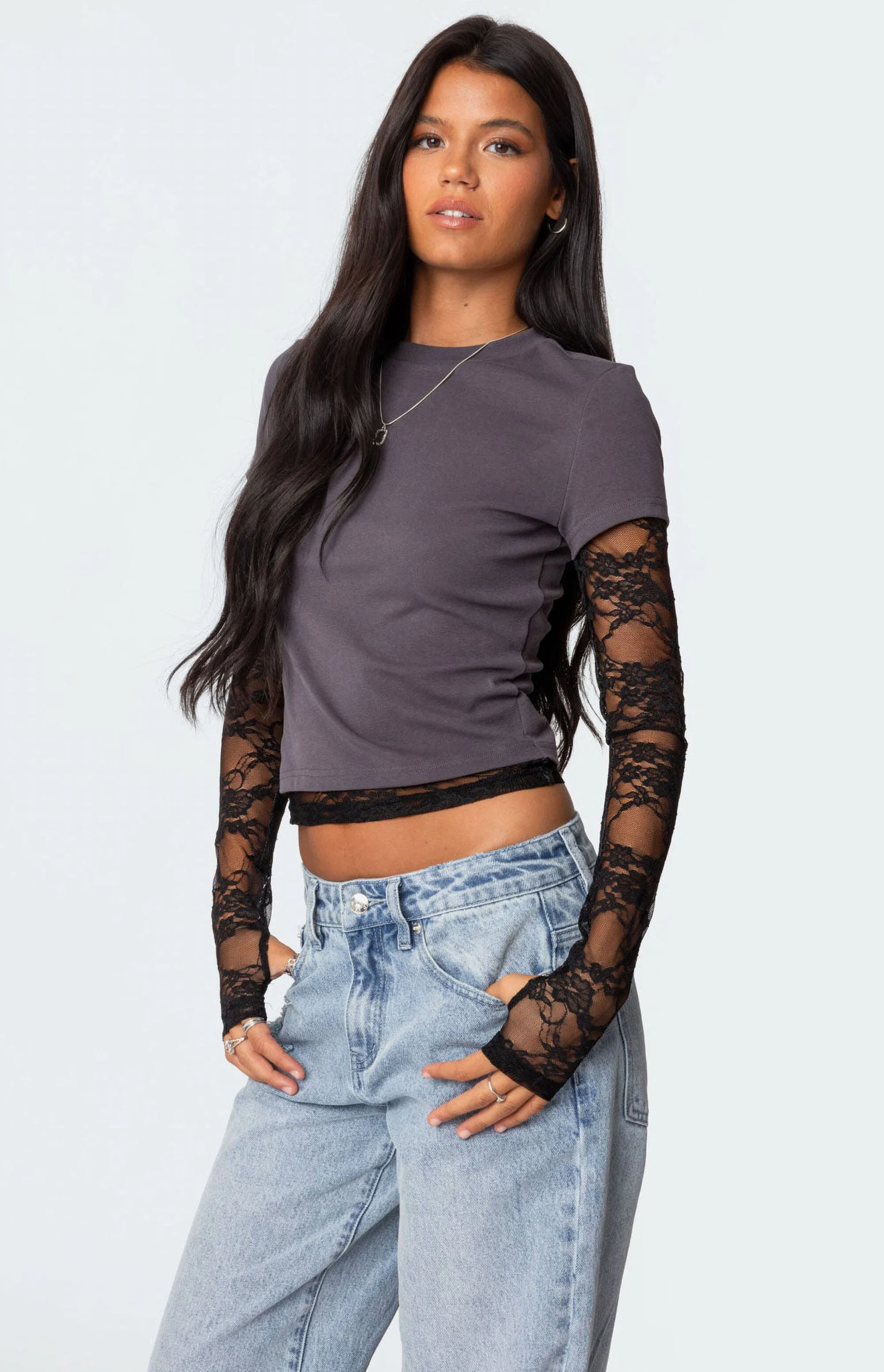 Edikted Layered Lace Sleeve T-Shirt | PacSun