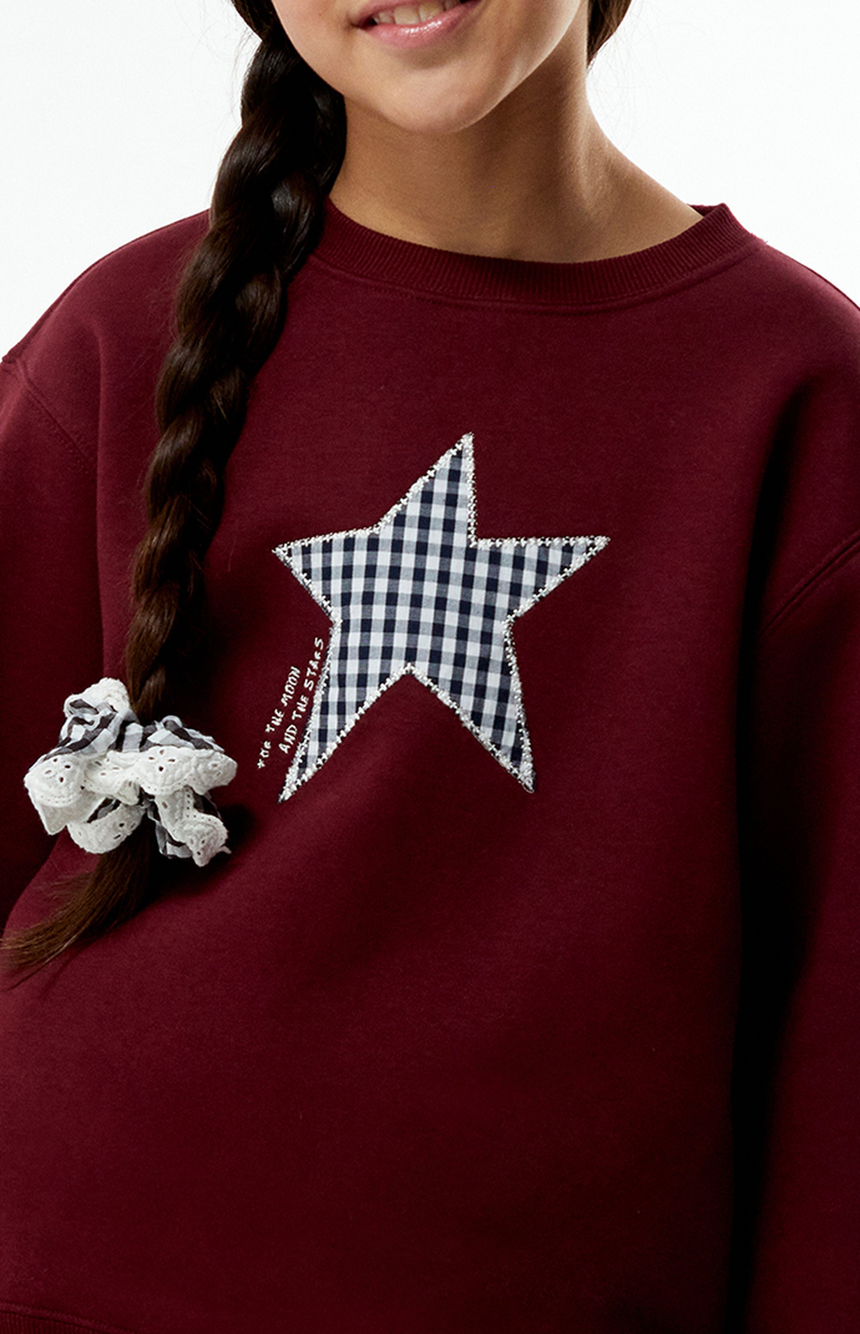 Pacsun Kids Maroon Plaid Star Embroidered Crew Neck Sweatshirt | Pacsun