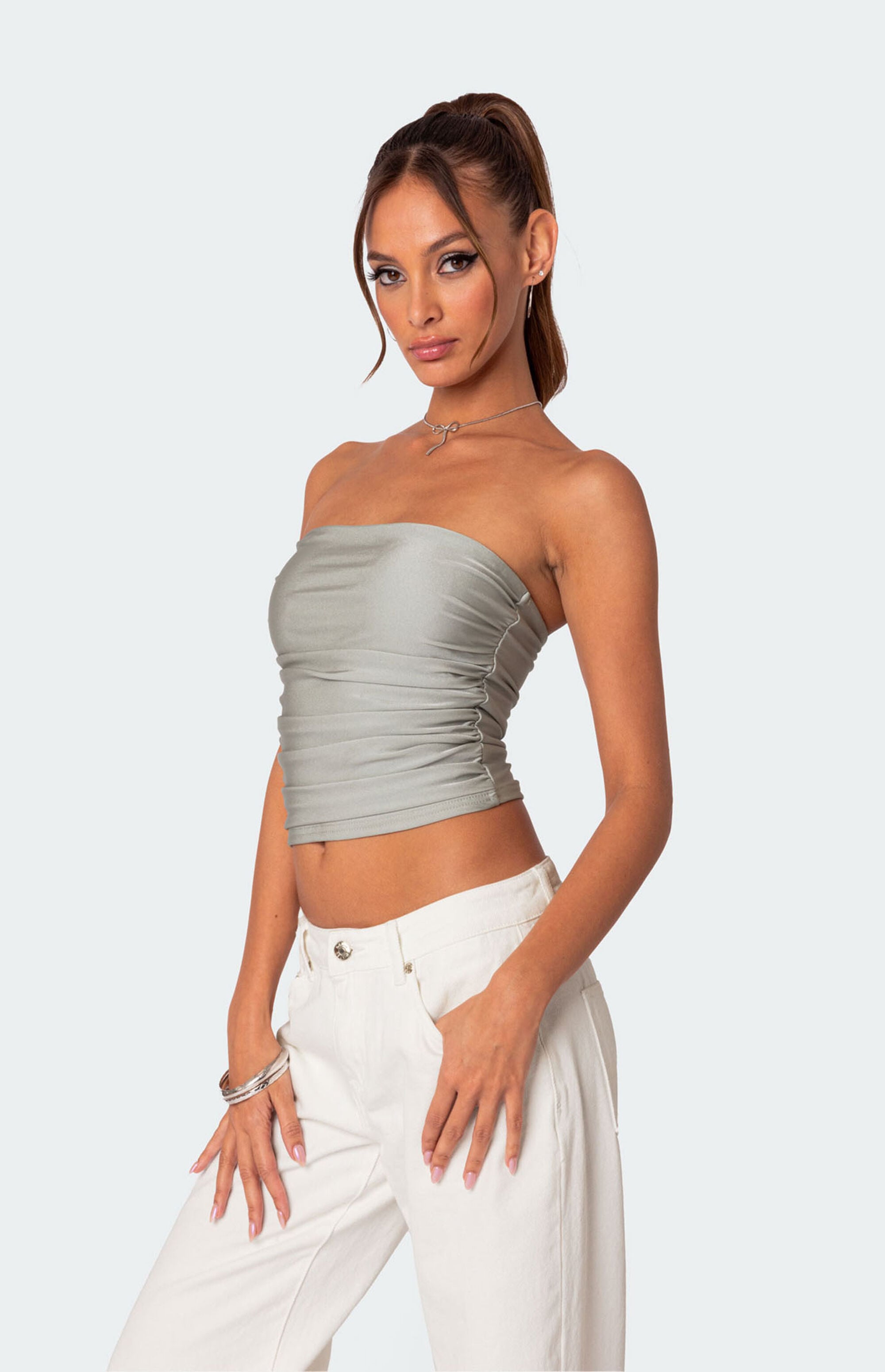 Edikted Maxeen Shiny Gathered Tube Top | Pacsun